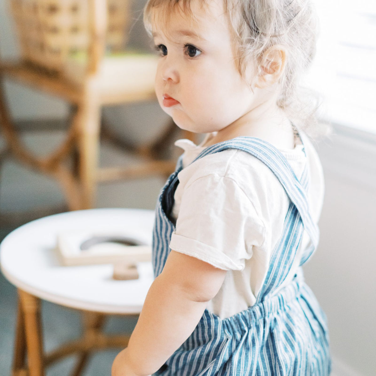 Classic blue engineer stripe organic baby overalls from Beya Made