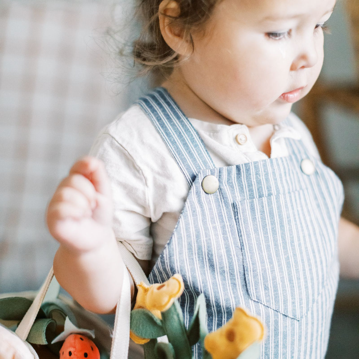 Classic blue engineer stripe organic baby overalls from Beya Made
