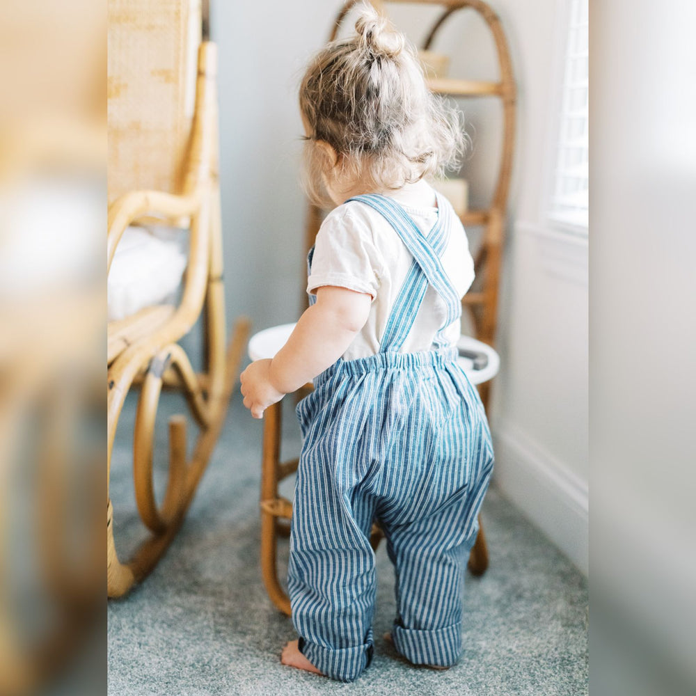 Classic blue engineer stripe organic baby overalls from Beya Made