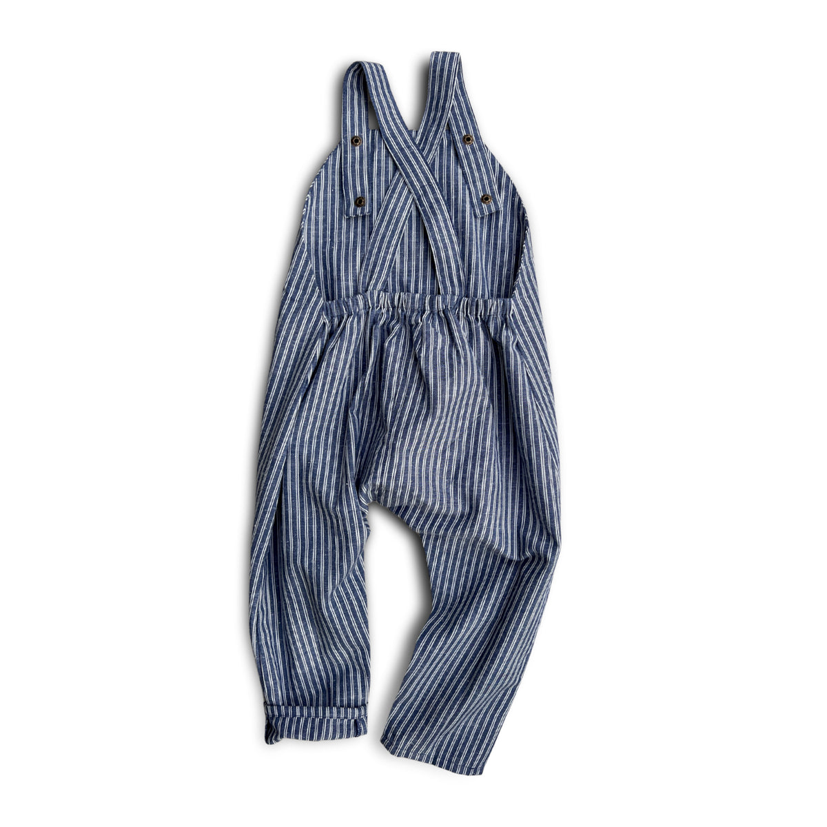 Classic blue engineer stripe organic baby overalls from Beya Made